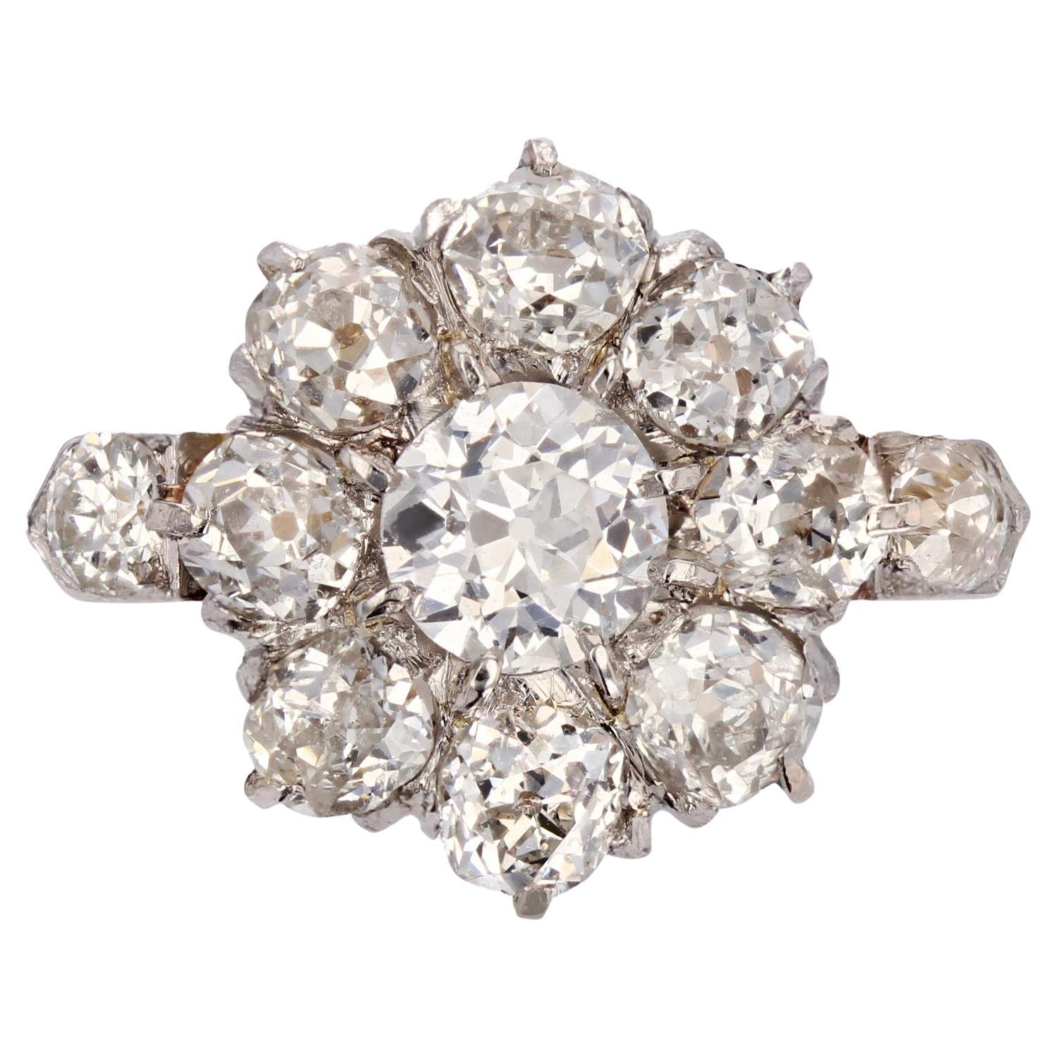 French 19th Century Diamonds 18 Karat Yellow Gold Platinum Daisy Ring ...