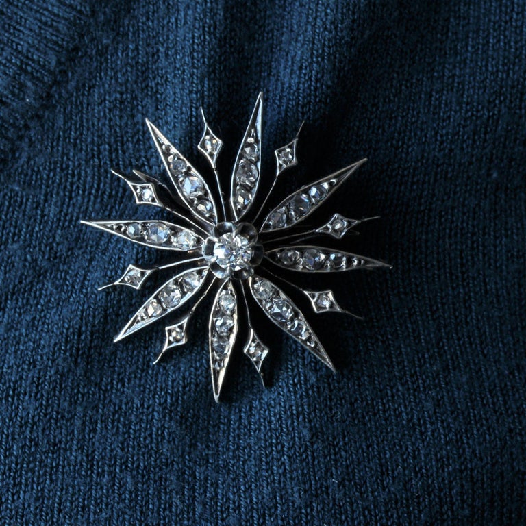 French 19th Century Diamonds 18 Karat Yellow Gold Silver Snowflake ...