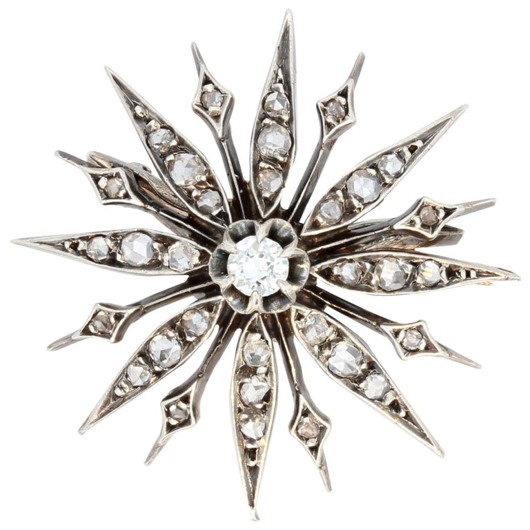 French 19th Century Diamonds 18 Karat Yellow Gold Silver Snowflake ...