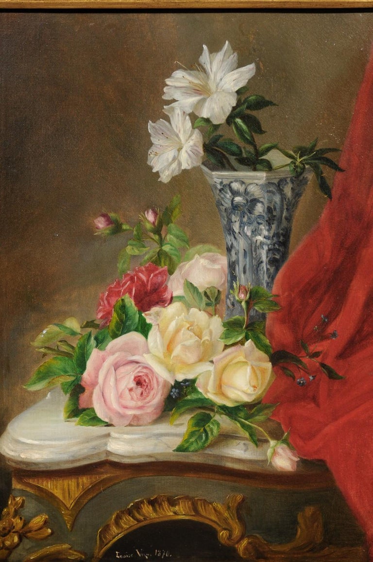 French 19th Century Gilt Frame Oil Painting Depicting Flowers on a ...