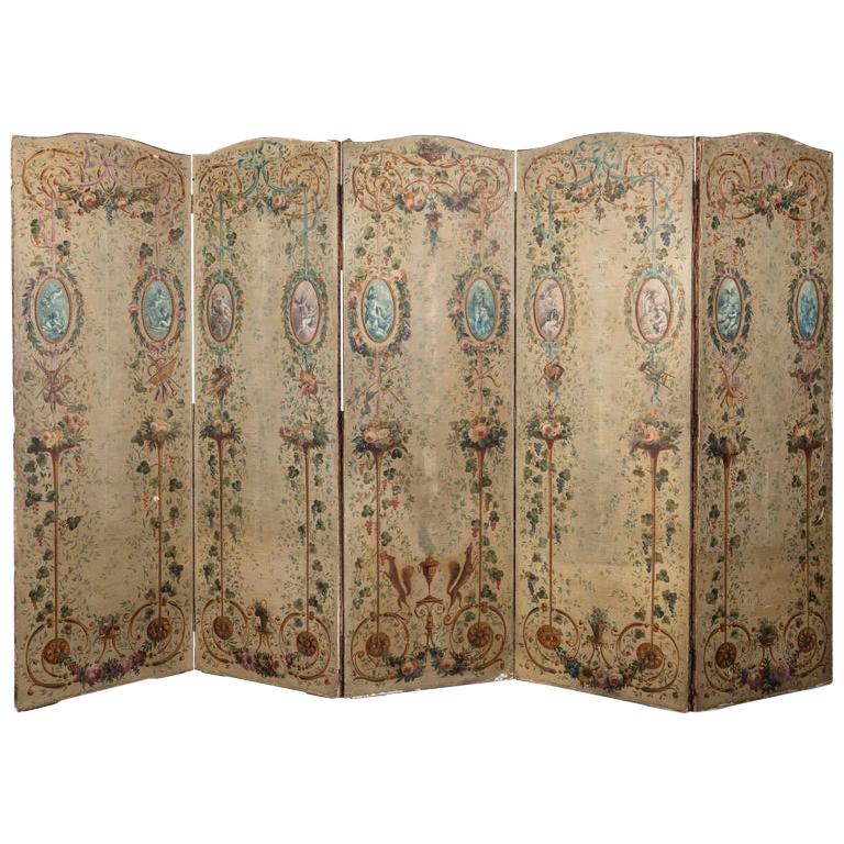 French 19th Century Hand Painted Five Panel Canvas Screen For Sale at ...