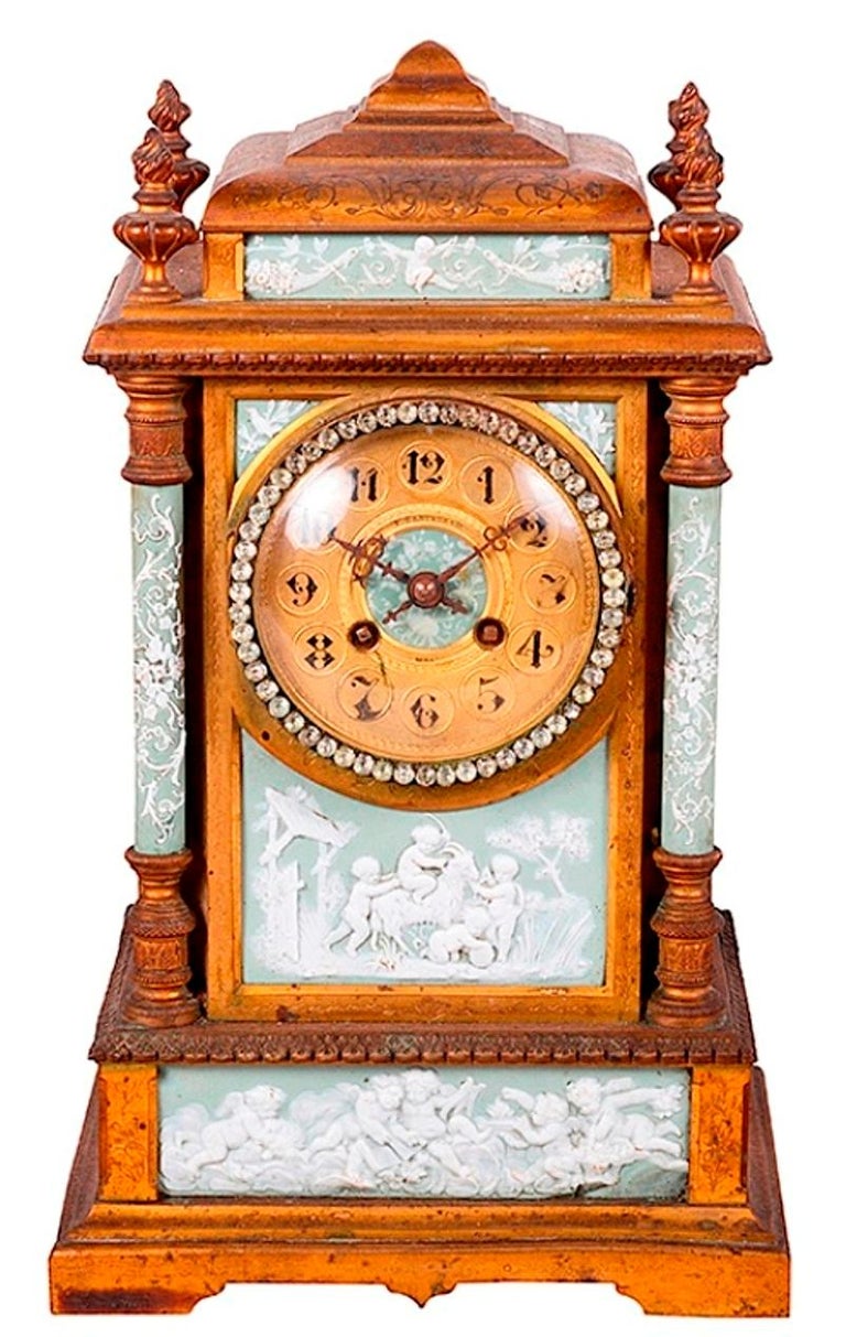 French 19th Century Jasper Porcelain + Enamel Clock Set For Sale at 1stDibs