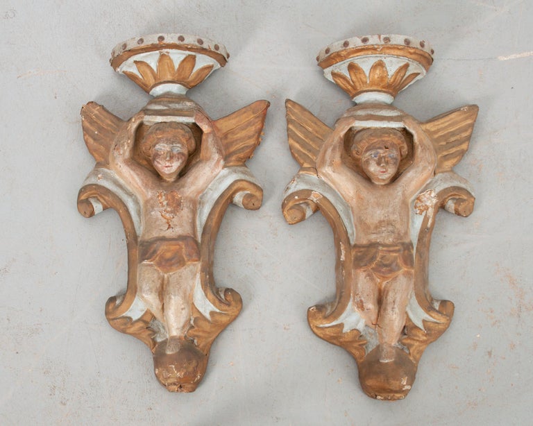 French 19th Century Pair of Painted Cherub Shelves at 1stDibs