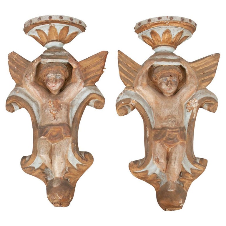 French 19th Century Pair of Painted Cherub Shelves at 1stDibs