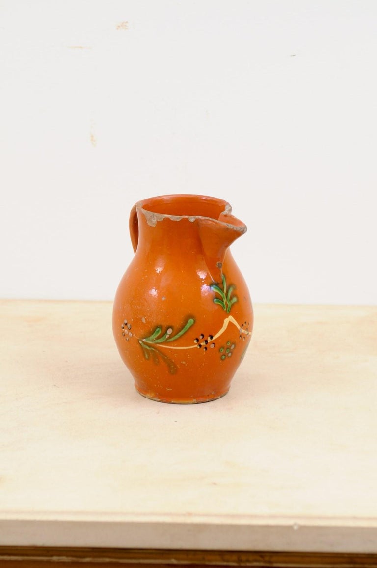 French 19th Century Redware Floral Pitcher with Orange, Cream and Green ...