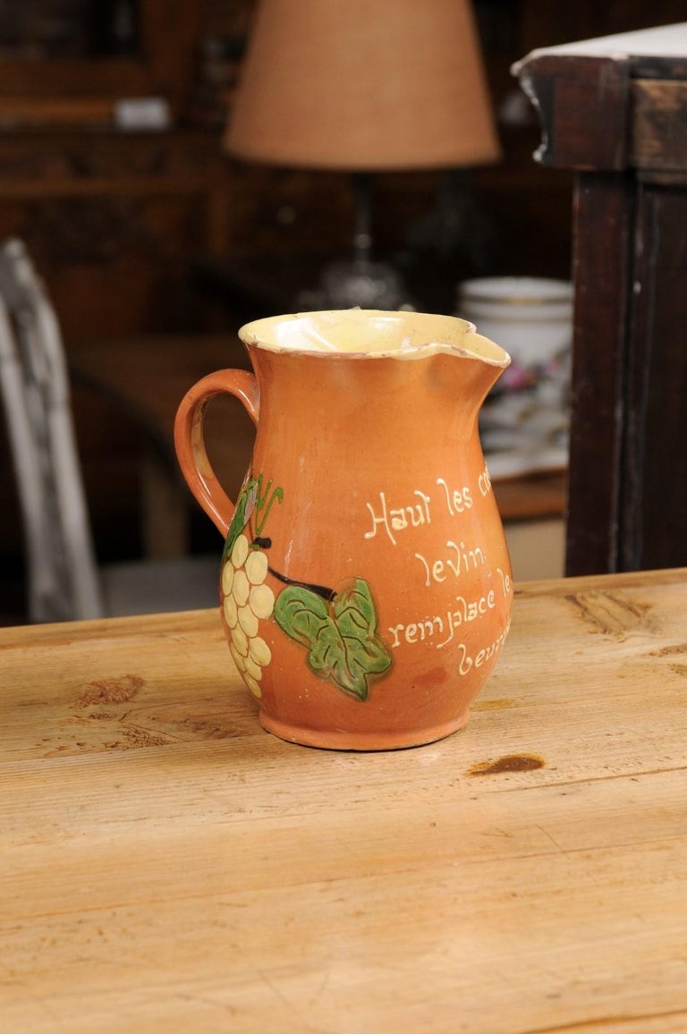 French 19th Century Redware Wine Pitcher with Orange, Cream and Green ...