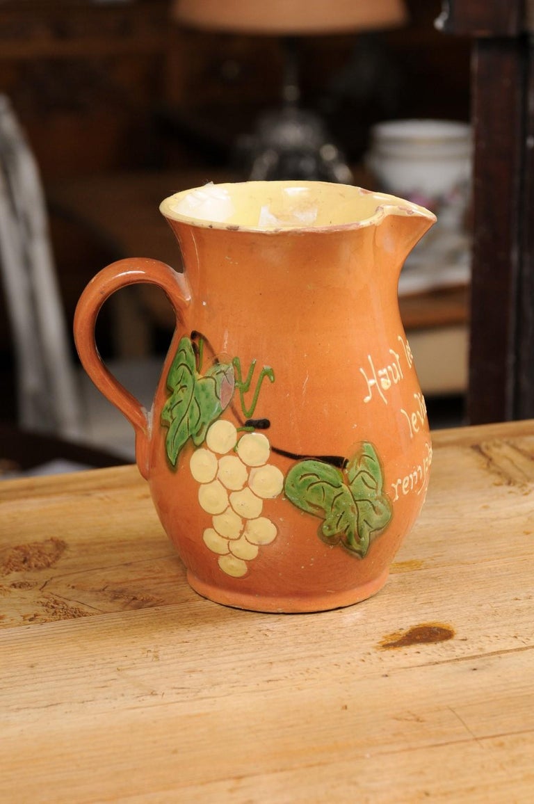 French 19th Century Redware Wine Pitcher with Orange, Cream and Green ...