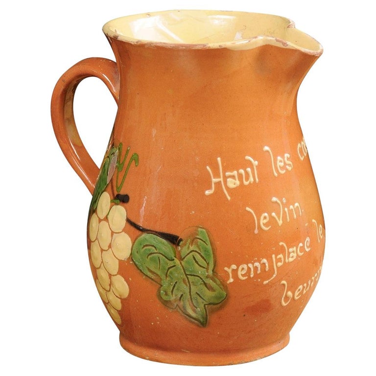 French 19th Century Redware Wine Pitcher with Orange, Cream and Green ...