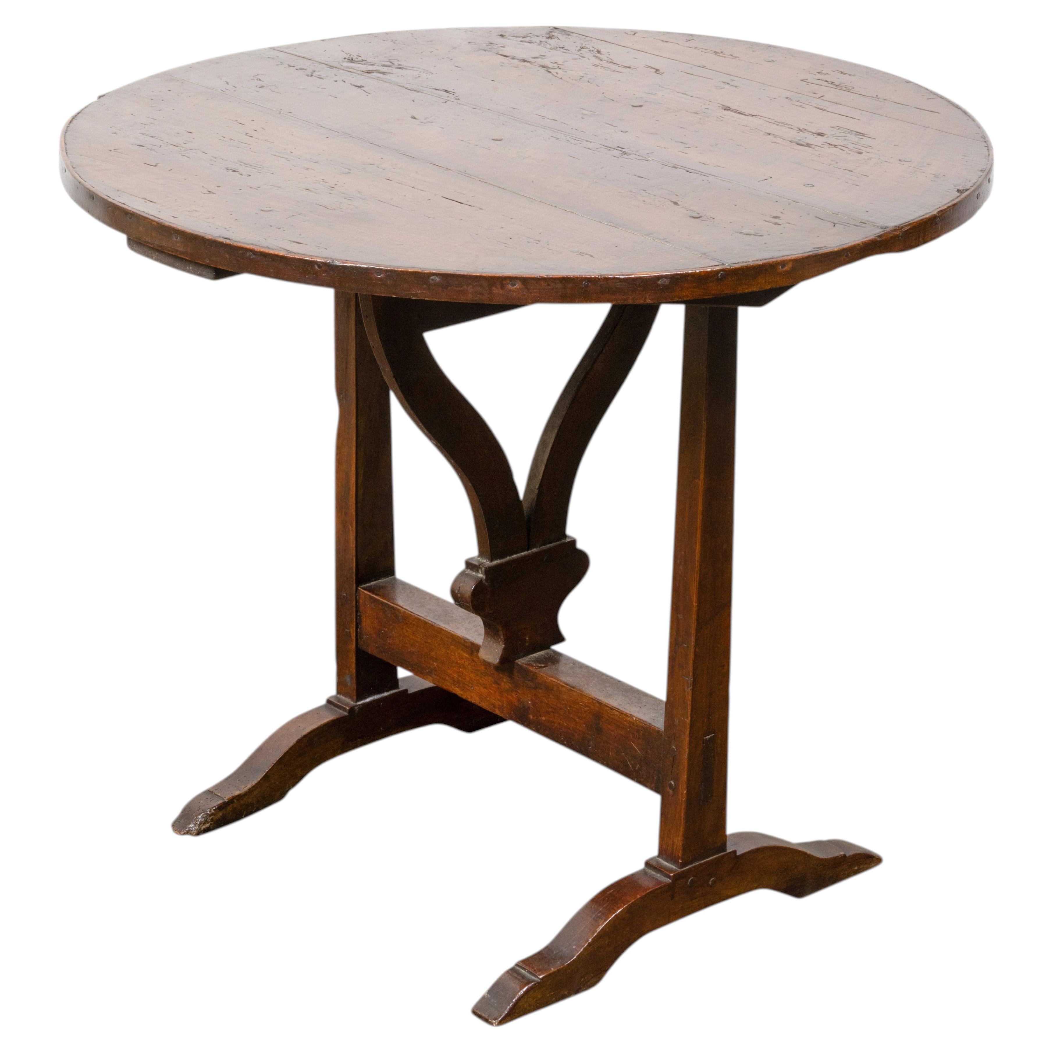 Antique French Vendage Round Flip Top Gateleg Wine Table Oak Trestle ...