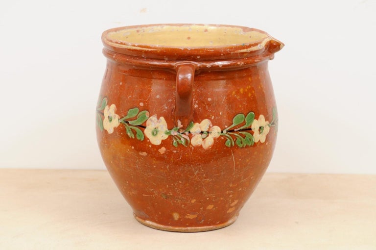 French 19th Century Rust and Green Glazed Pottery Jug with Floral Decor ...