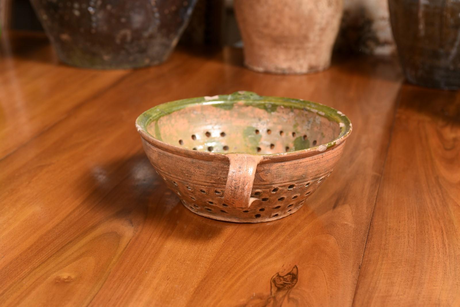 French 19th Century Rustic Pottery Colander Strainer with Green Glaze ...