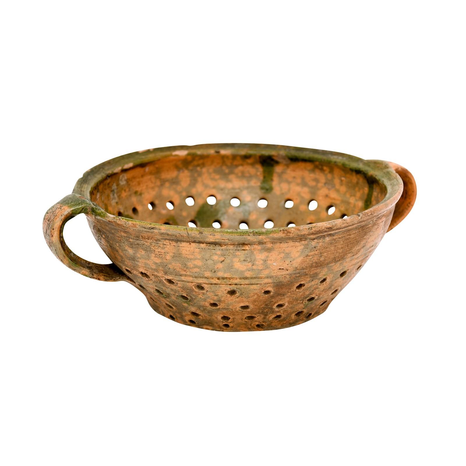 French 19th Century Rustic Pottery Colander Strainer with Green Glaze ...