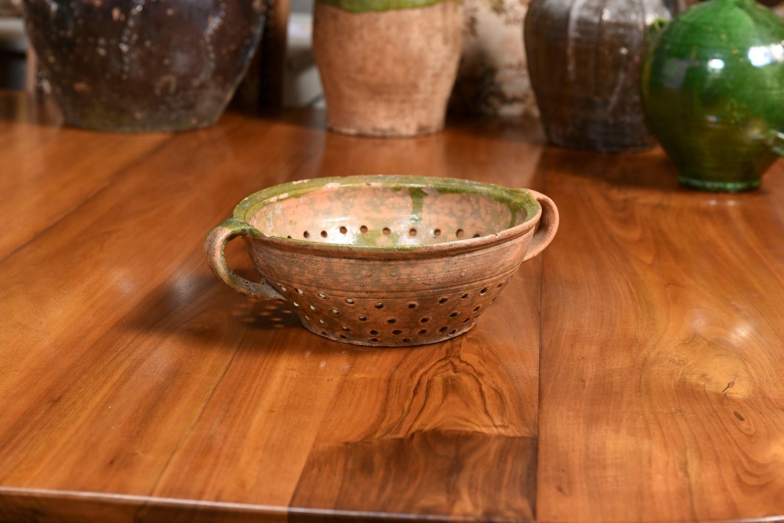 French 19th Century Rustic Pottery Colander Strainer with Green Glaze ...