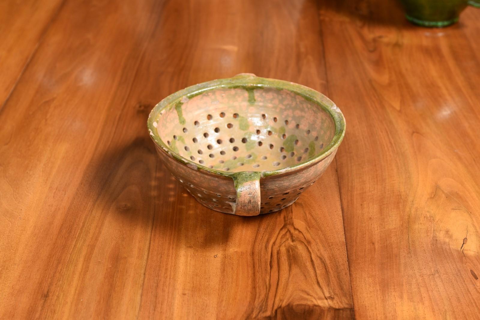 French 19th Century Rustic Pottery Colander Strainer with Green Glaze ...