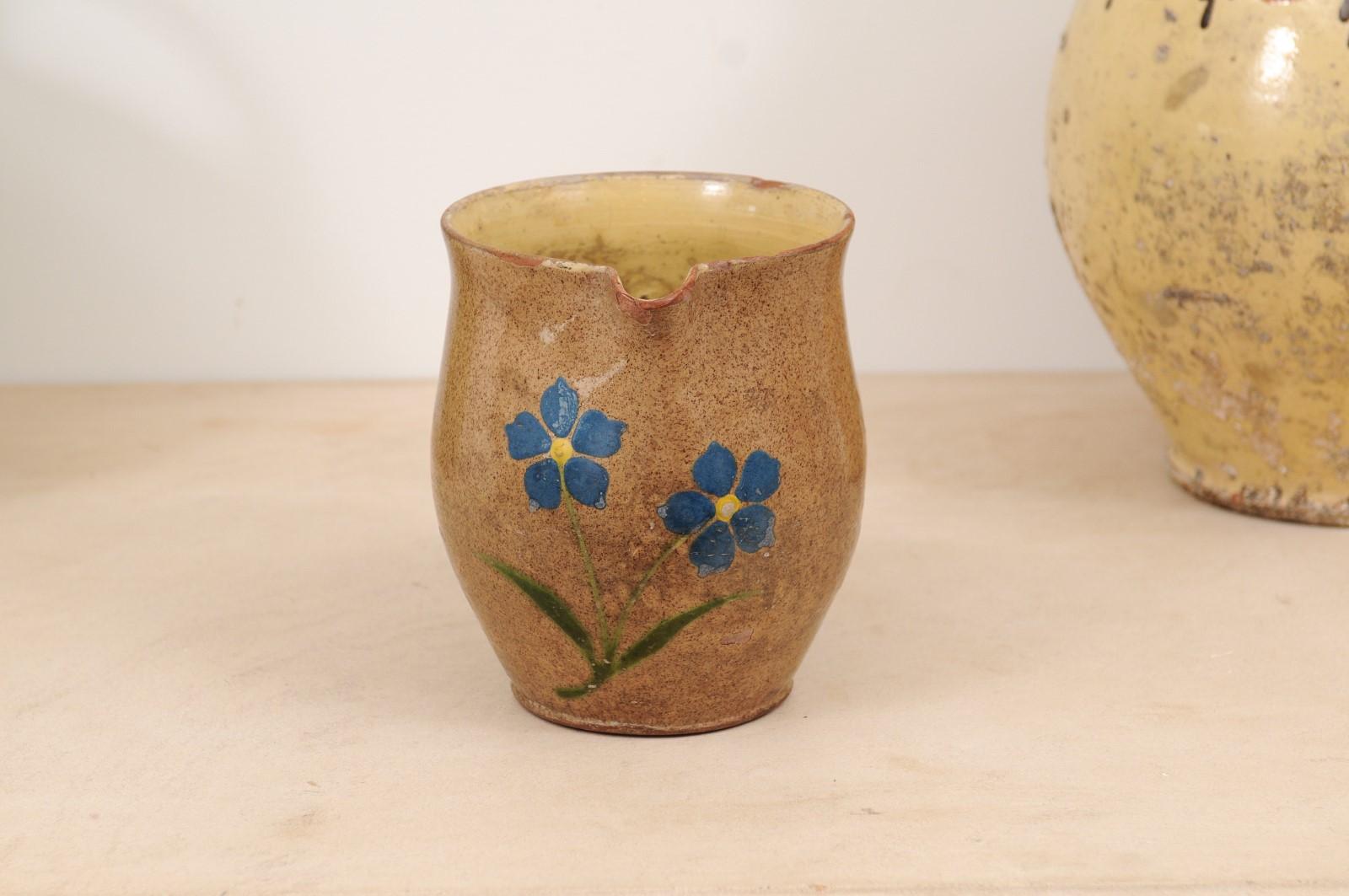 French 19th Century Rustic Pottery Pitcher with Mustard Glaze and Blue ...