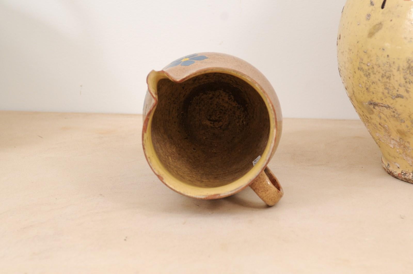 French 19th Century Rustic Pottery Pitcher with Mustard Glaze and Blue ...