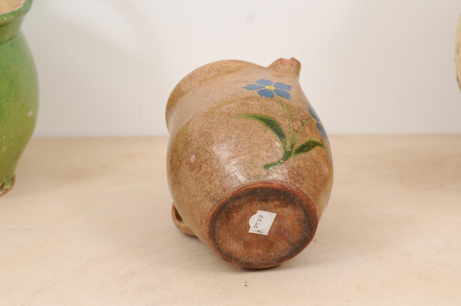 French 19th Century Rustic Pottery Pitcher with Mustard Glaze and Blue ...