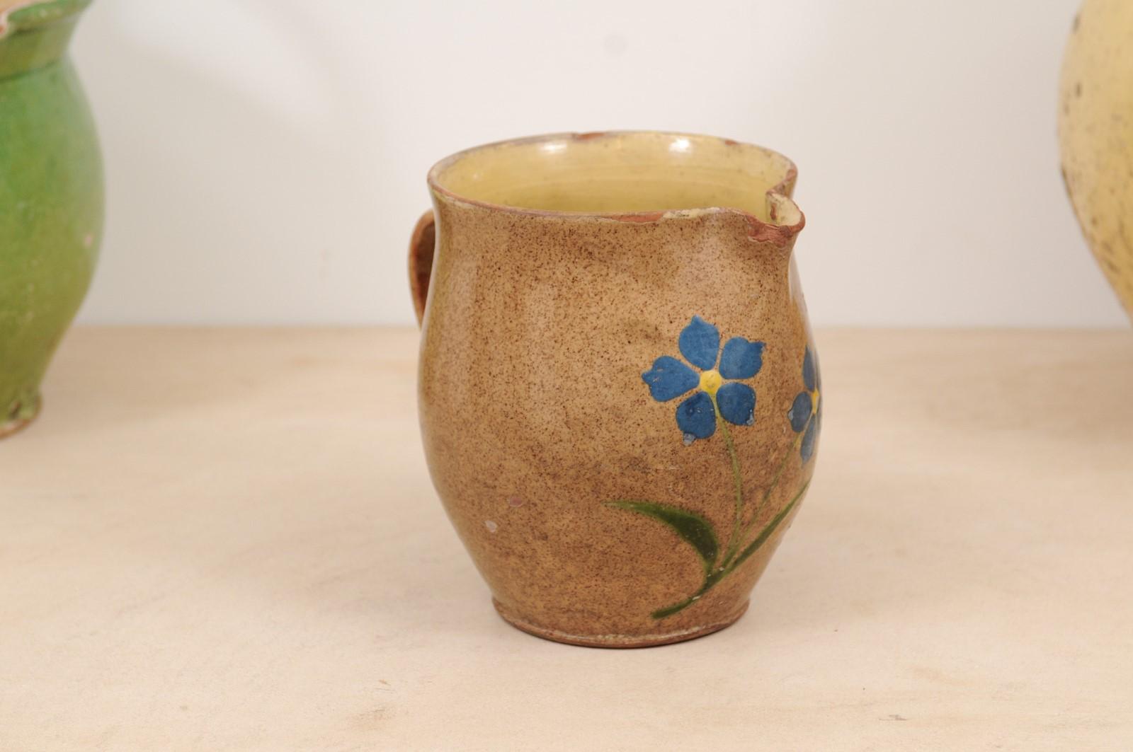 French 19th Century Rustic Pottery Pitcher with Mustard Glaze and Blue ...