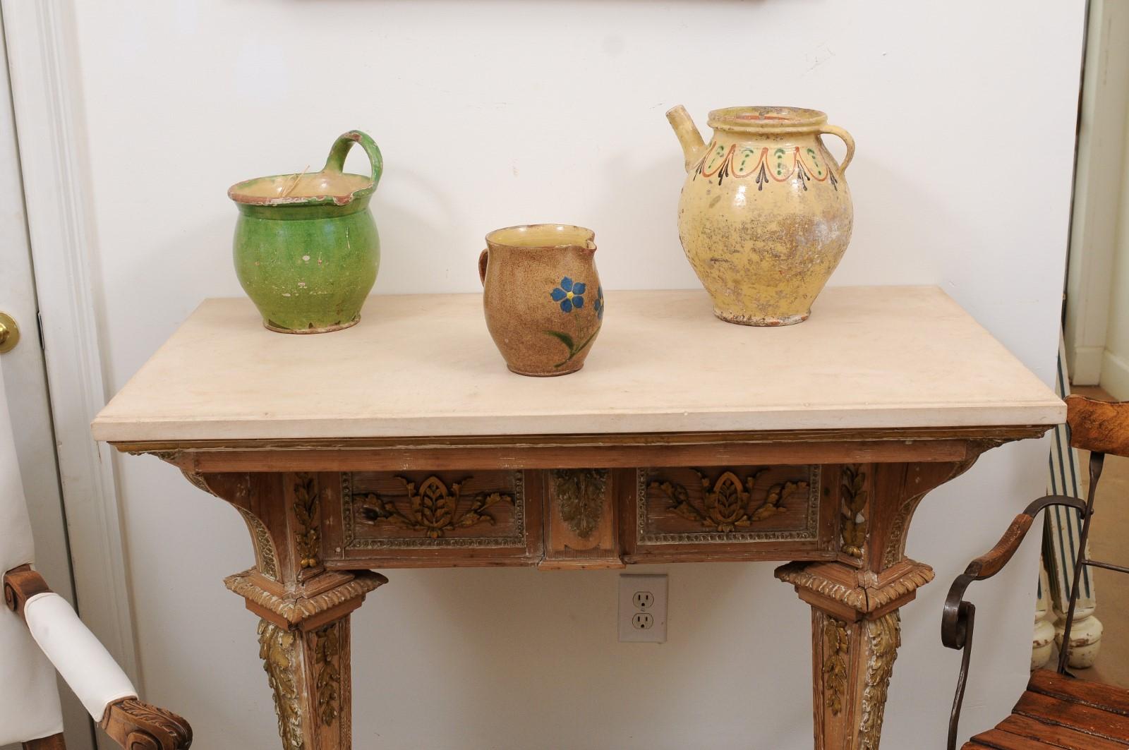 French 19th Century Rustic Pottery Pitcher with Mustard Glaze and Blue ...