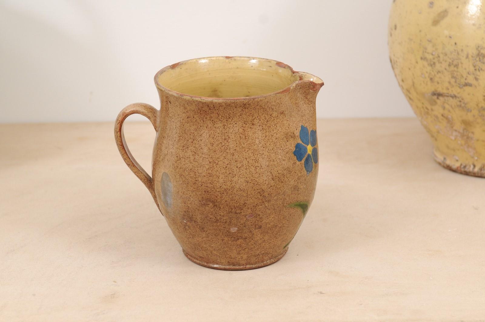 French 19th Century Rustic Pottery Pitcher with Mustard Glaze and Blue ...