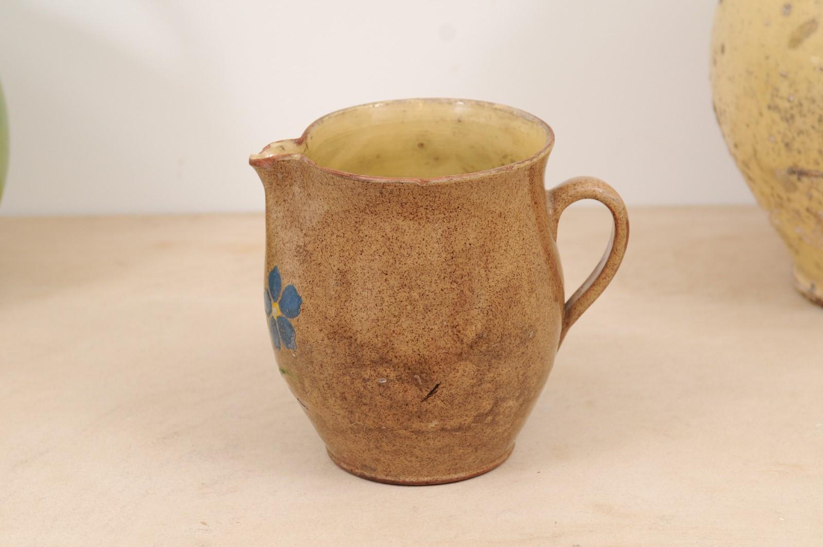 French 19th Century Rustic Pottery Pitcher with Mustard Glaze and Blue ...
