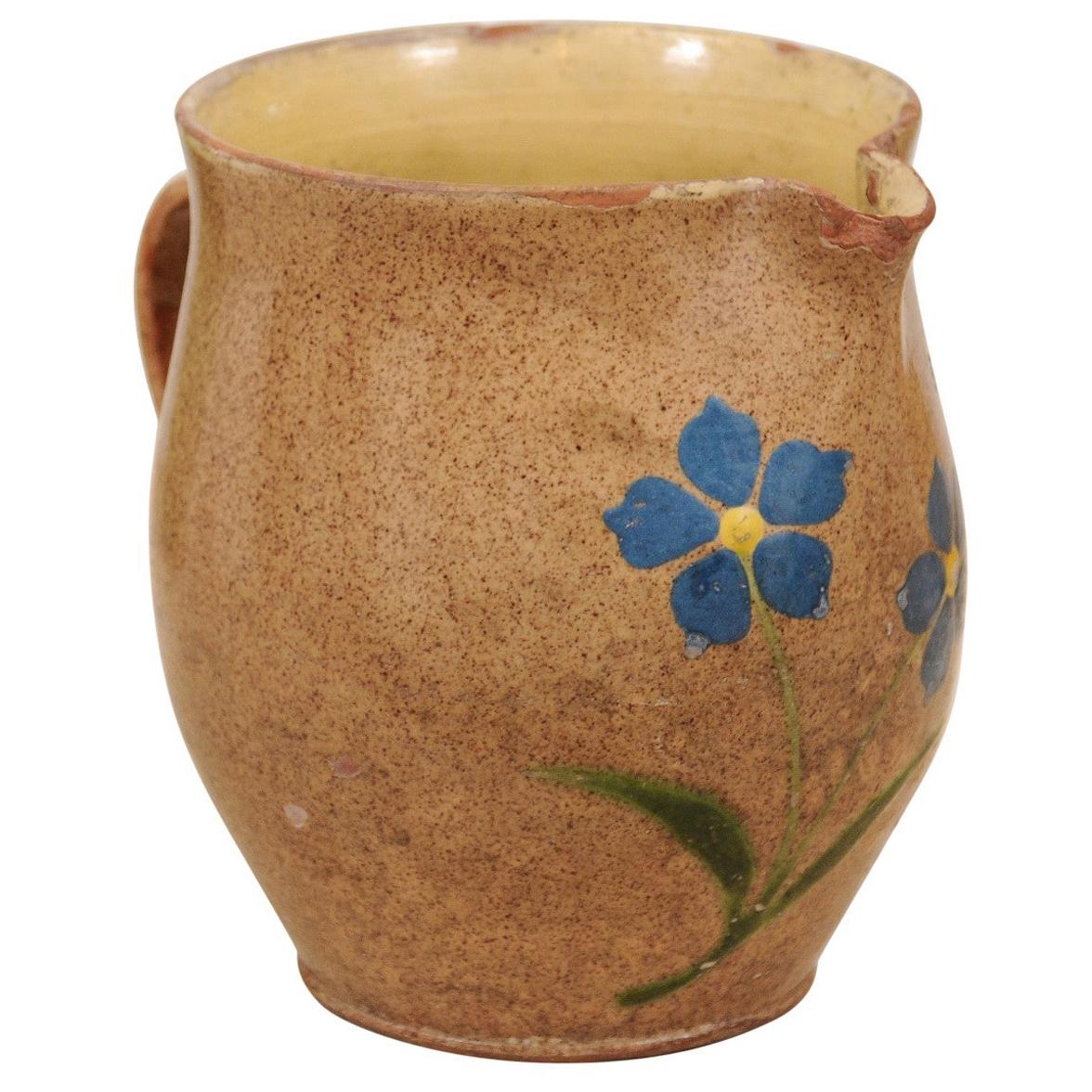 French 19th Century Rustic Pottery Pitcher with Mustard Glaze and Blue ...