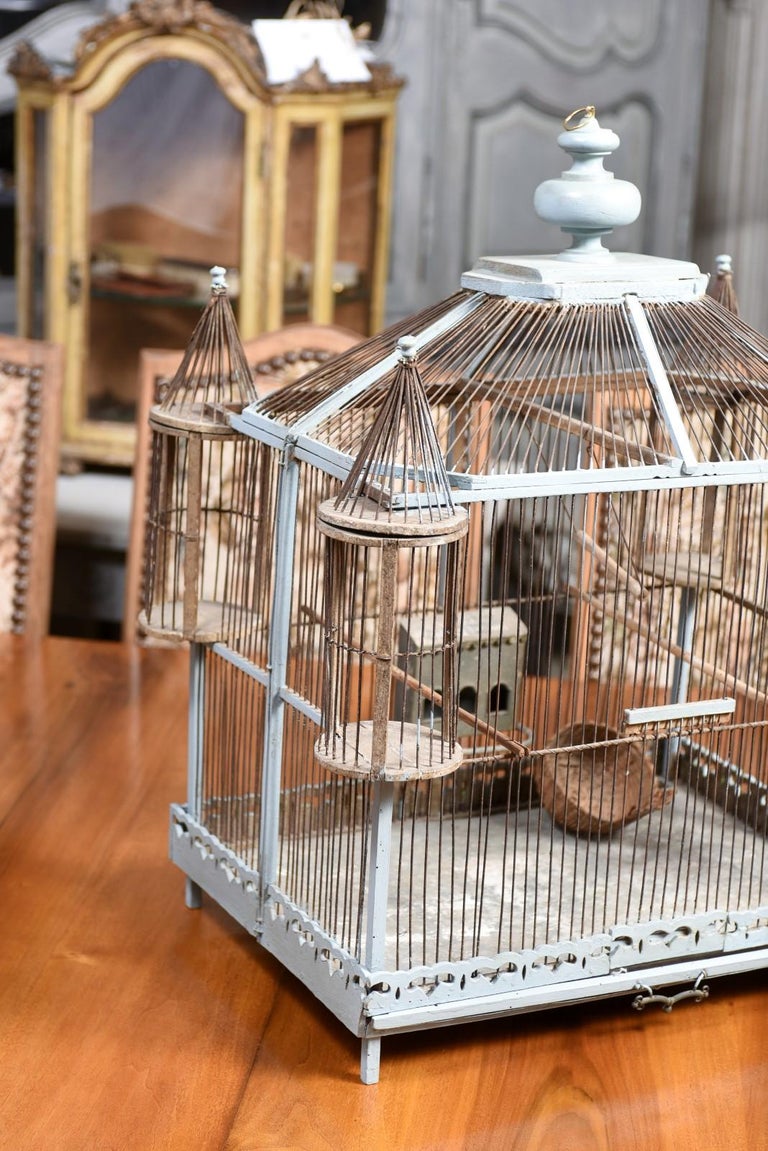 French 19th Century Soft Blue Painted Wood Castle Bird Cage with Four ...