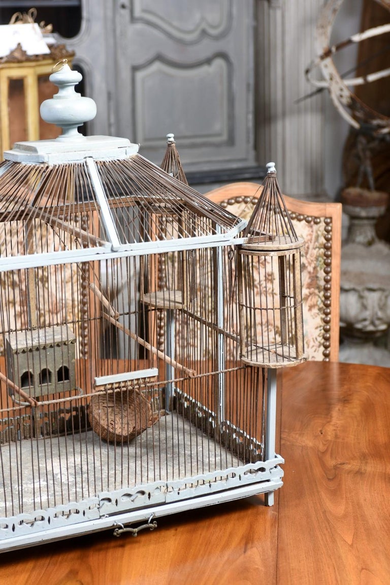 French 19th Century Soft Blue Painted Wood Castle Bird Cage with Four ...