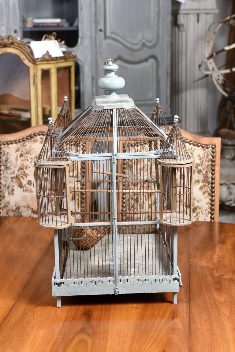 French 19th Century Soft Blue Painted Wood Castle Bird Cage with Four ...