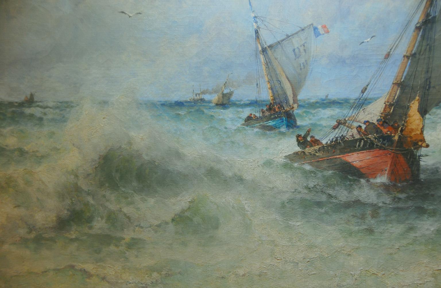 French 19th Century Theodor Weber Oil Painting "Fishing Boats Coming ...