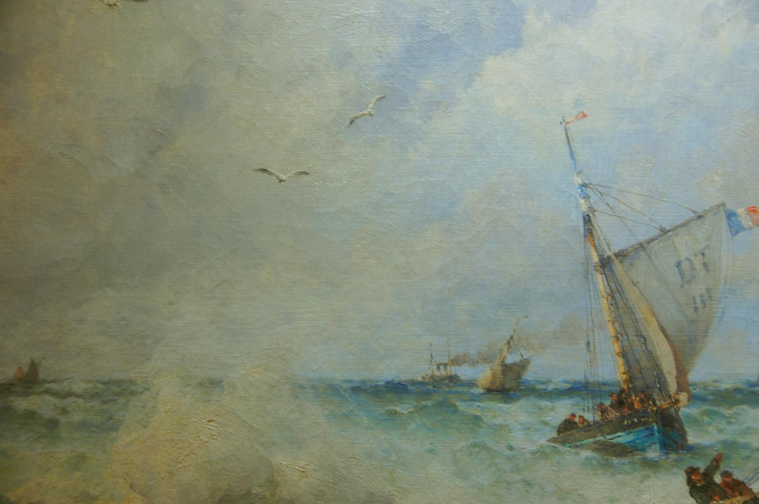 French 19th Century Theodor Weber Oil Painting "Fishing Boats Coming ...