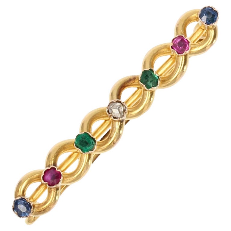 French, 19th Century, Twisted Gemstone Barrette Brooch For Sale at 1stDibs