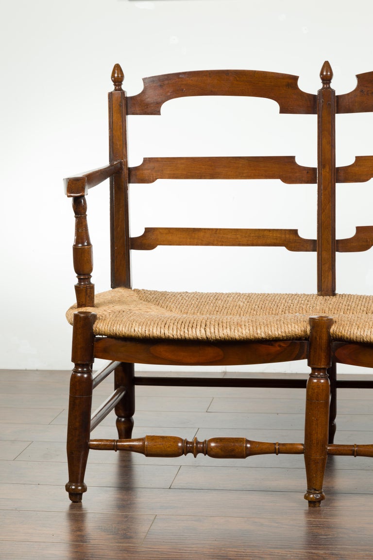 French 19th Century Walnut Bench with Open Ladder Style Back and Rush ...