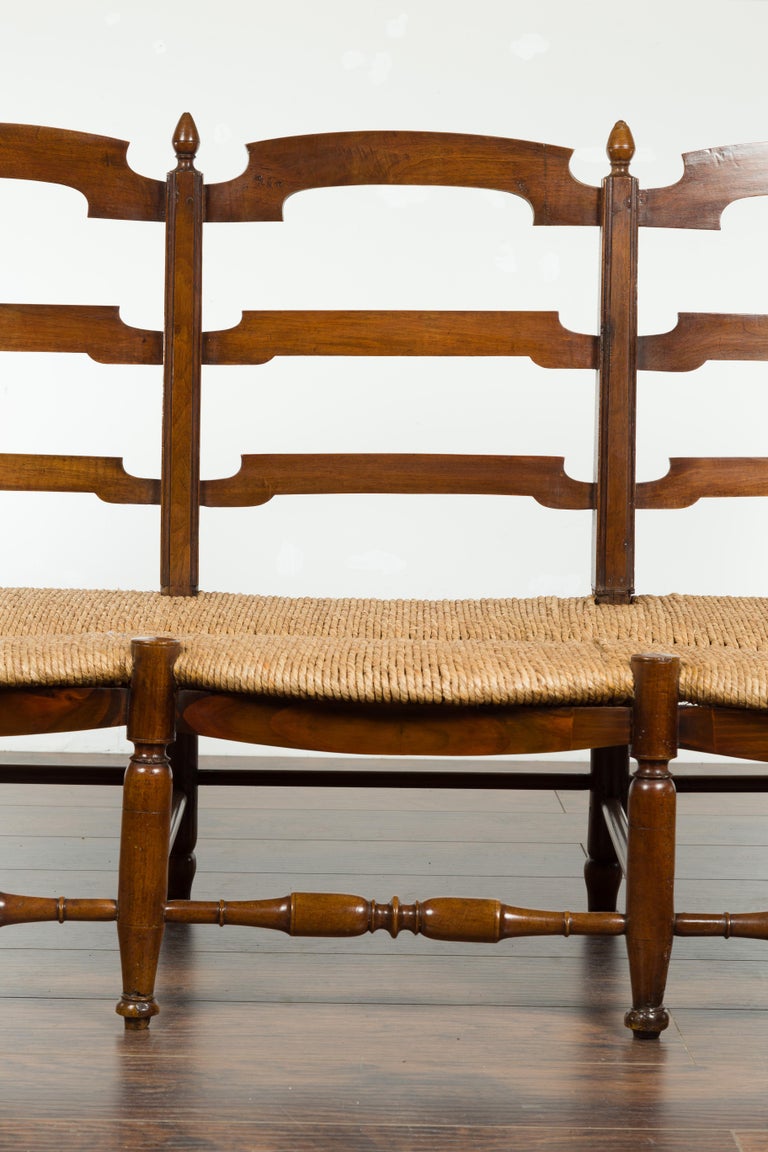 French 19th Century Walnut Bench with Open Ladder Style Back and Rush ...