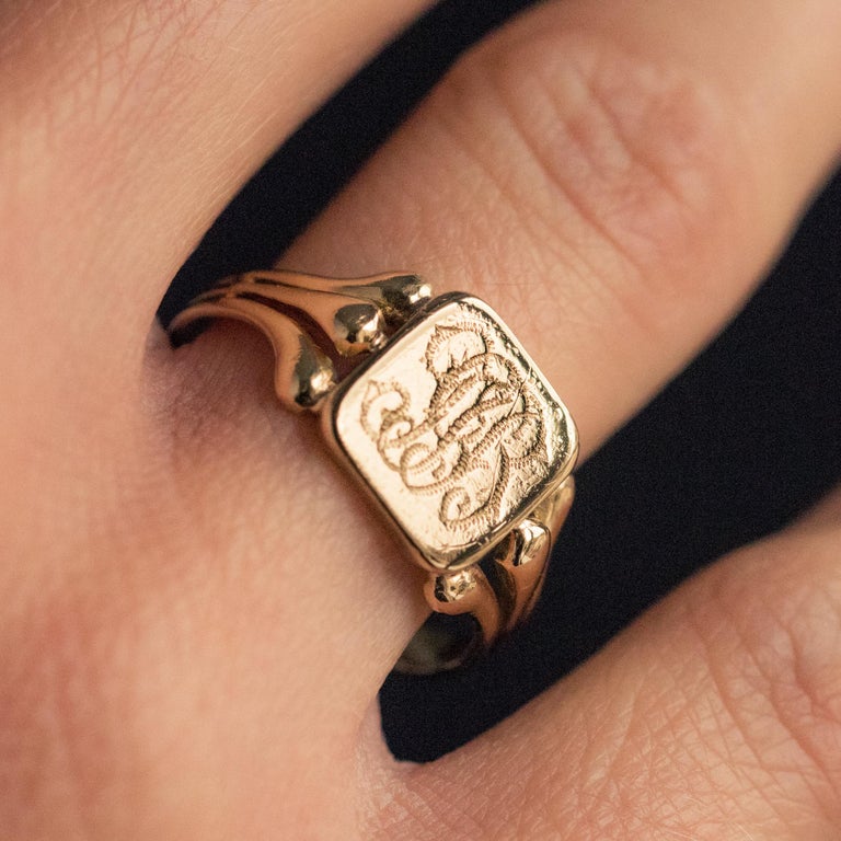 French 20th Century 18 Karat Yellow Gold Engraved Signet Ring For Sale ...