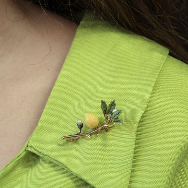 French 20th Century Enamel Natural Pearl Diamond 18 Karat Gold Lemon ...