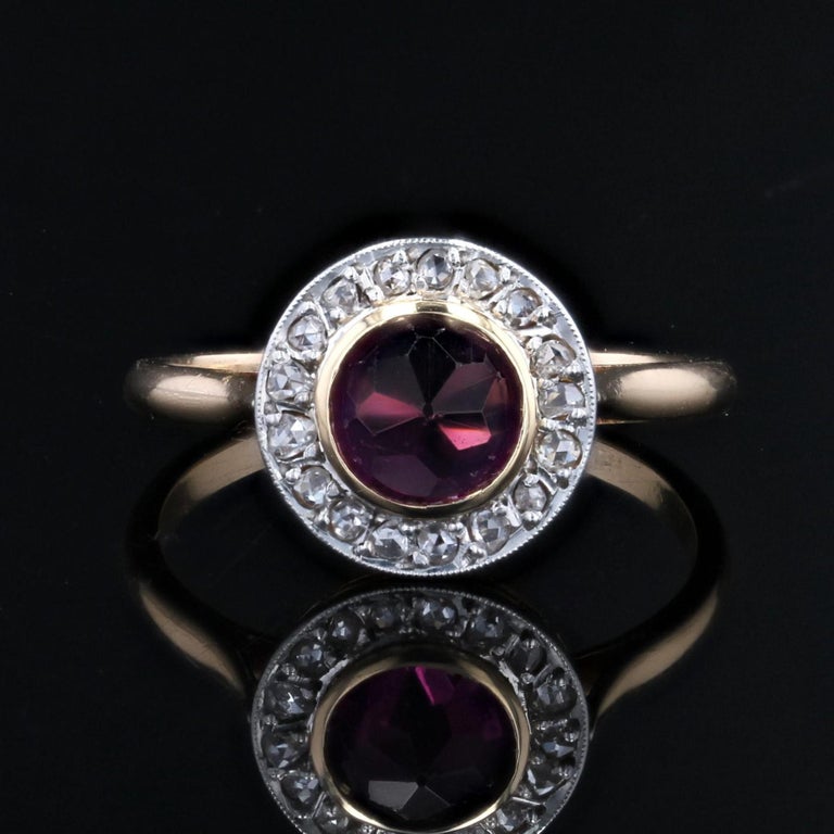 French 20th Century Garnet Diamonds 18 Karat Yellow Gold Platinum Ring ...