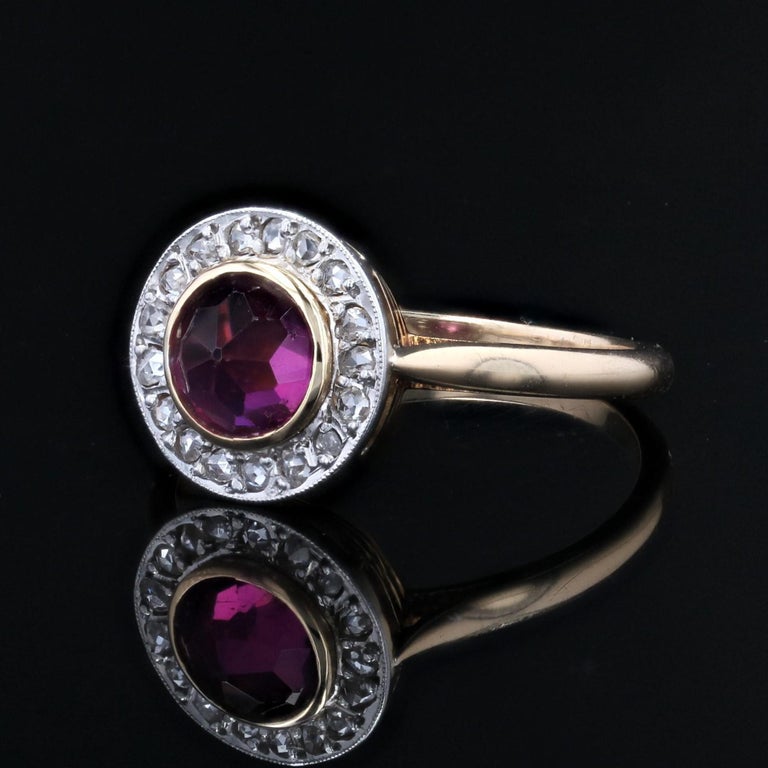 French 20th Century Garnet Diamonds 18 Karat Yellow Gold Platinum Ring ...
