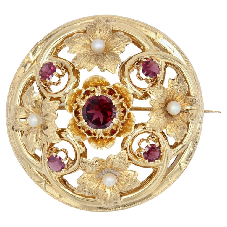 French, 20th Century Garnet Fine Pearl 18 Karat Yellow Gold Brooch For ...