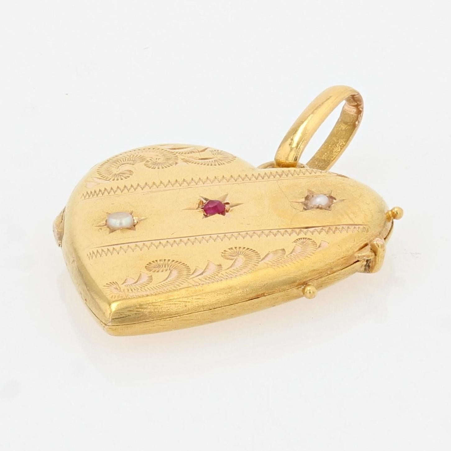 French 20th Century Ruby Natural Pearl 18 Karat Yellow Gold Heart ...