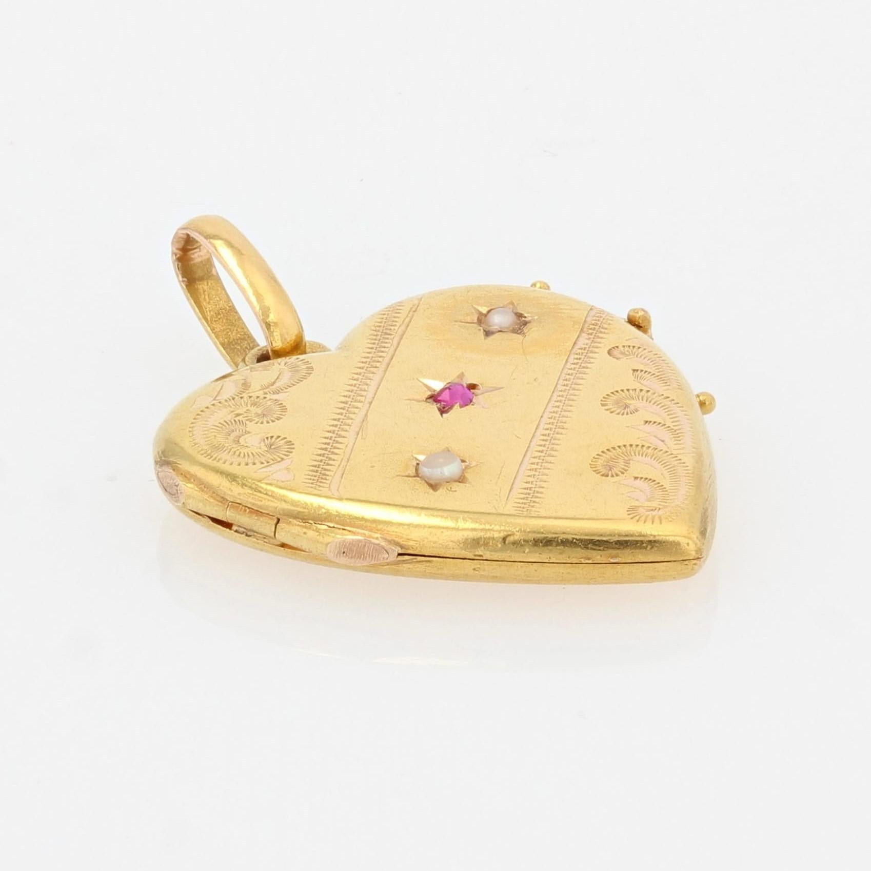 French 20th Century Ruby Natural Pearl 18 Karat Yellow Gold Heart ...