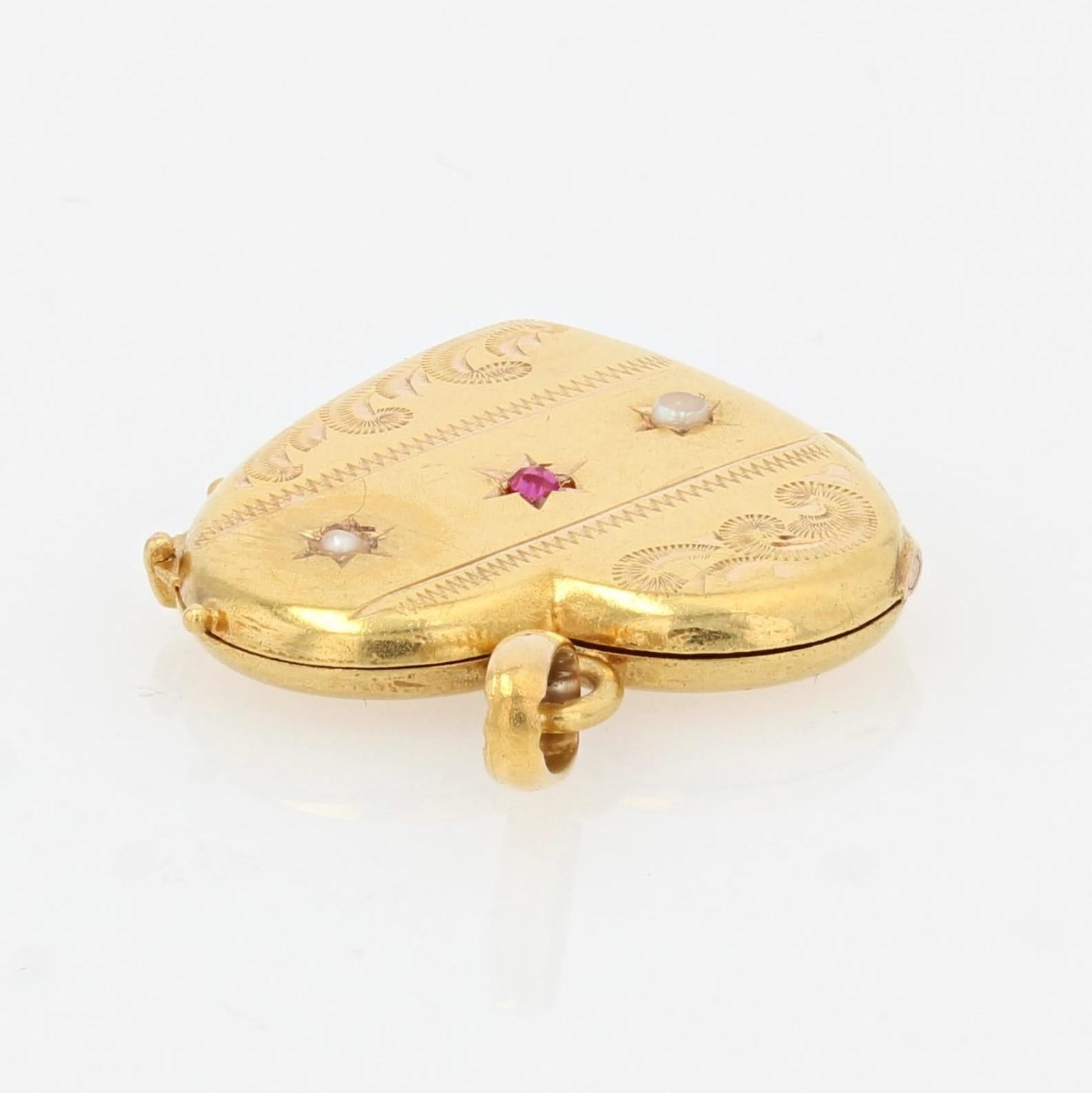 French 20th Century Ruby Natural Pearl 18 Karat Yellow Gold Heart ...