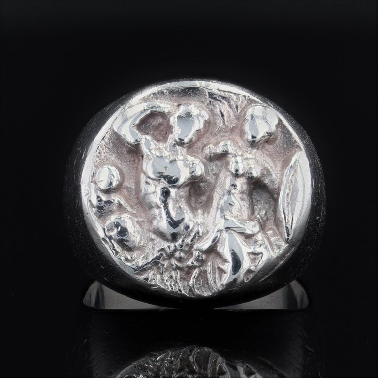 French 20th Century Silver Engraved Signet Ring For Sale at 1stDibs