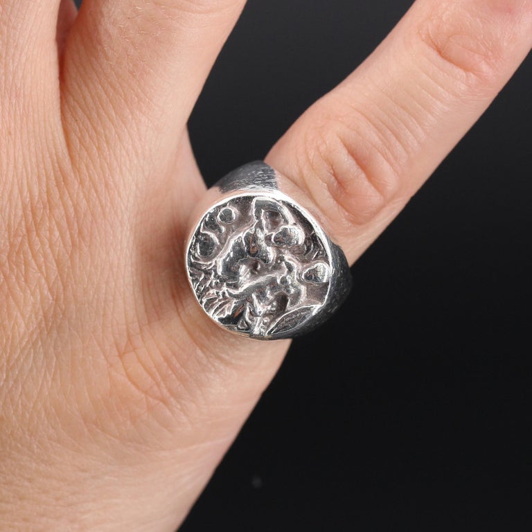 French 20th Century Silver Engraved Signet Ring For Sale at 1stDibs