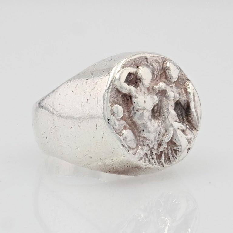 French 20th Century Silver Engraved Signet Ring For Sale at 1stDibs