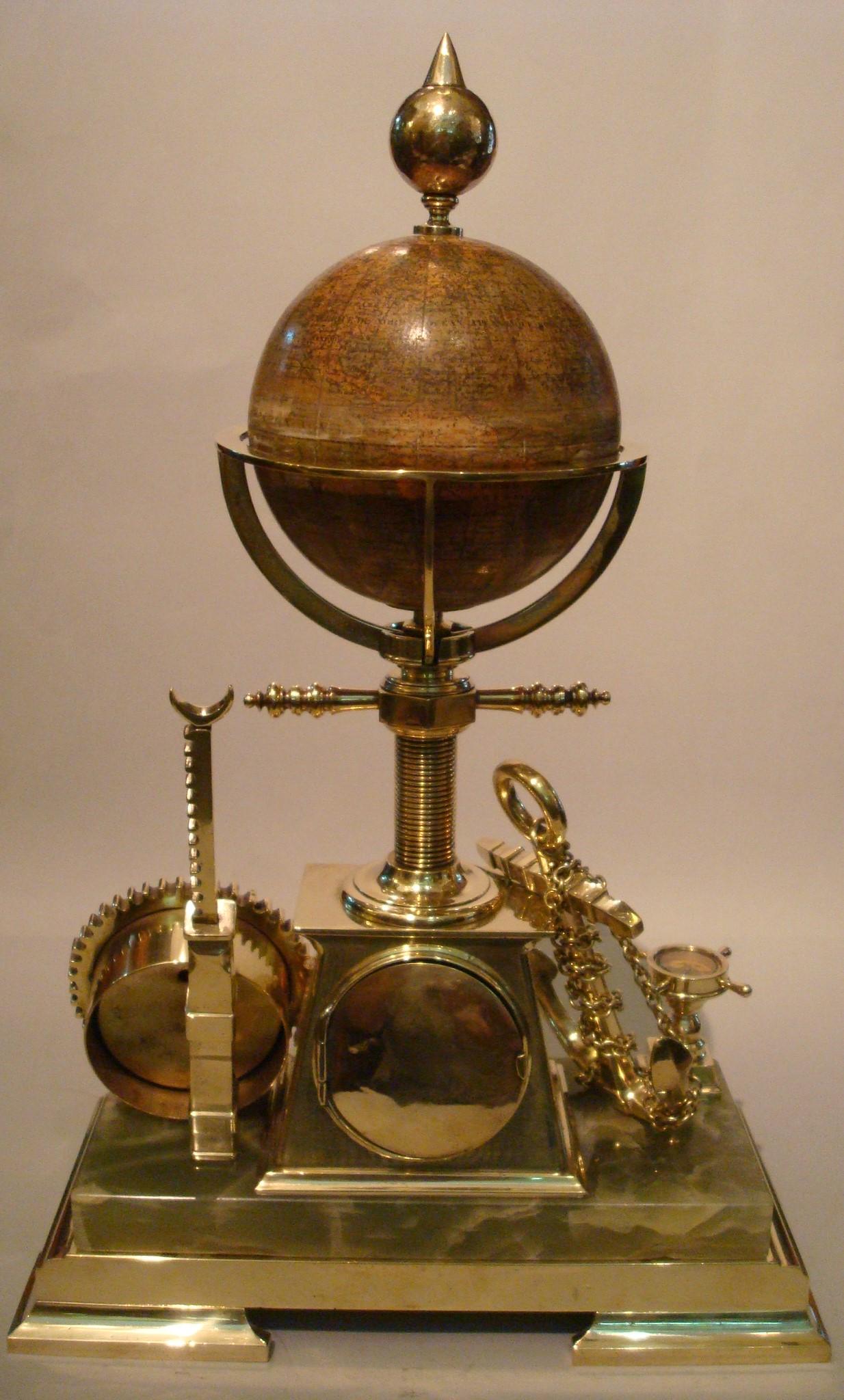 French Animated Industrial Desk Clock, Barometer with Rotating Globe ...