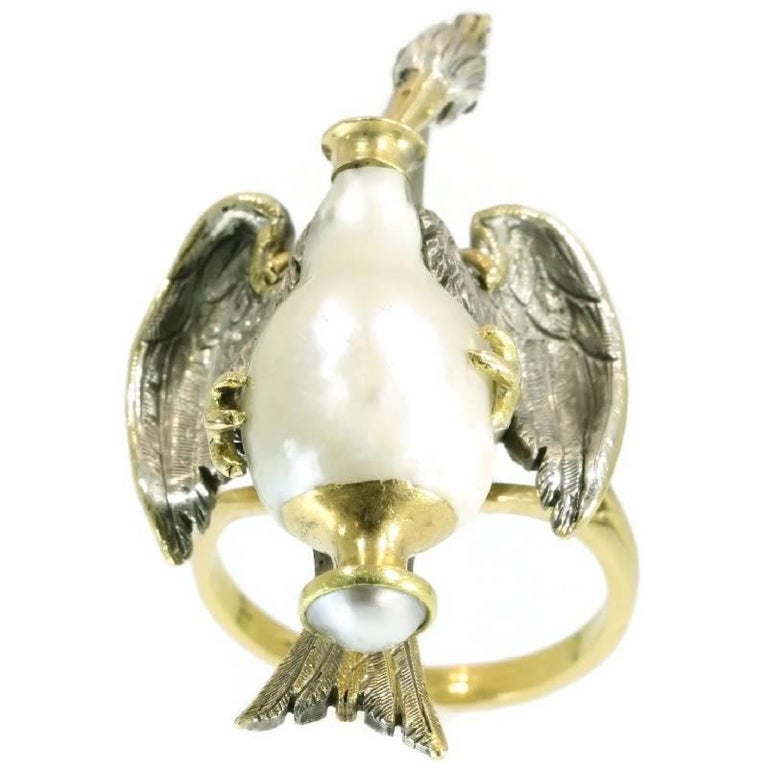 French Antique Baroque Pearl Silver 18 Karat Yellow Gold Aesop Fable ...