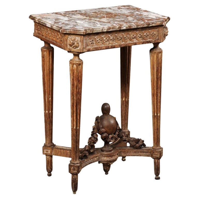 French Antique Beautifully-Carved Petite Marble-Top Table w/Interesting ...