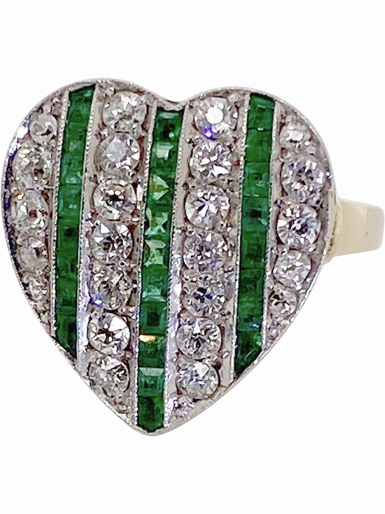 French Antique Emerald and Diamond Heart Ring at 1stDibs