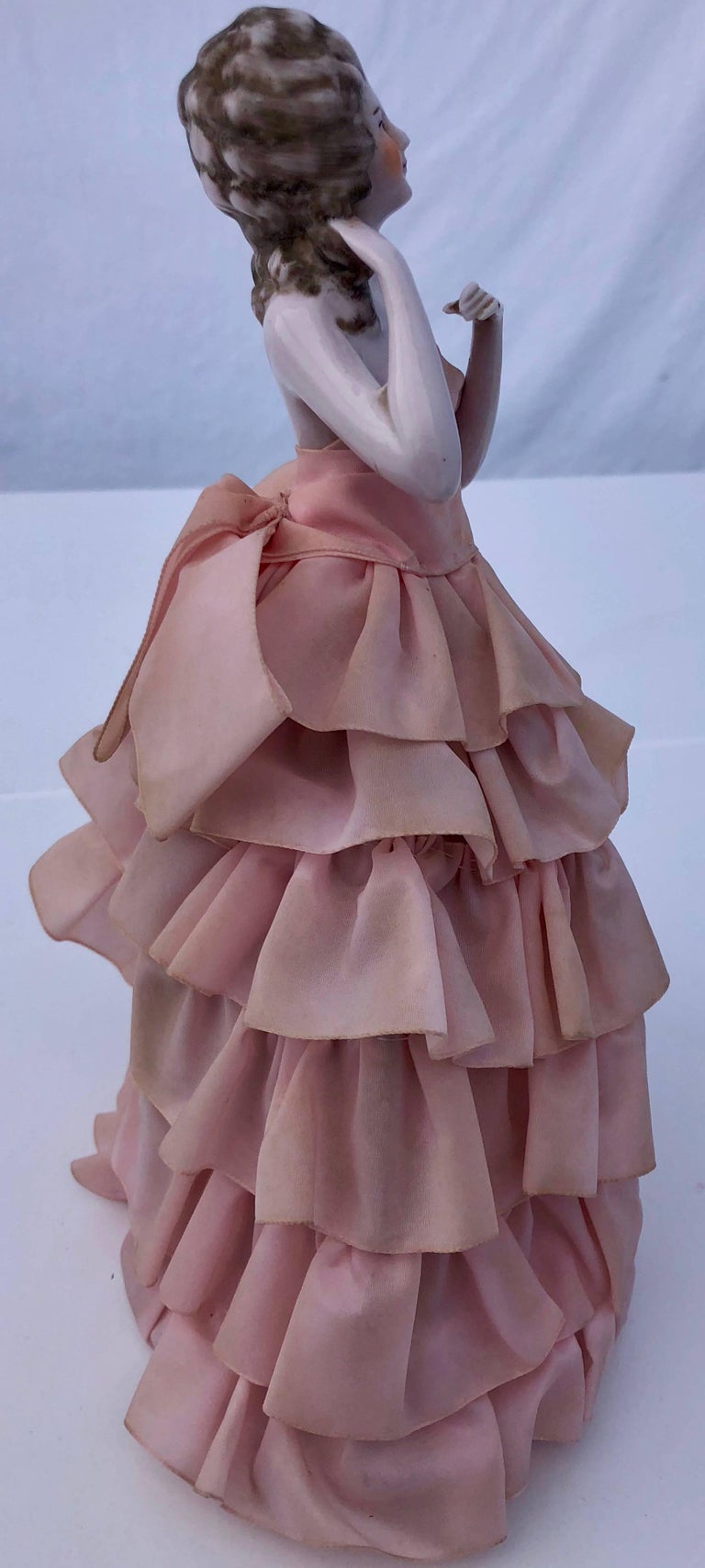 French Antique Hand-Painted Boudoir Doll Lamp with Pink Taffeta Dress ...